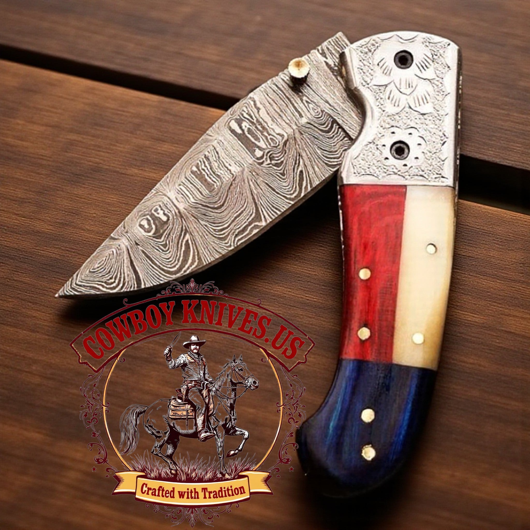 Cowboy Pocket Knife – 3" Damascus Blade, Texas Flag Handle – Authentic ...